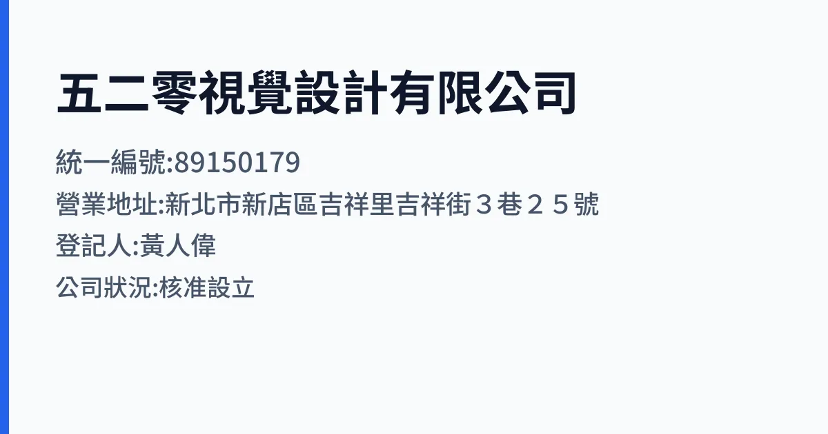 五二零視覺設計有限公司 - 統編 89150179 (臺北市) 公司登記資料與營業項目詳細圖表