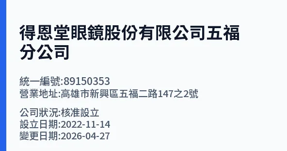 得恩堂眼鏡股份有限公司五福分公司的照片-統編 89150353(高雄市) 公司登記資料與營業項目詳細圖表