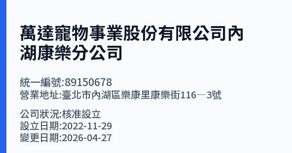 萬達寵物事業股份有限公司內湖康樂分公司的照片-統編 89150678(臺北市) 公司登記資料與營業項目詳細圖表