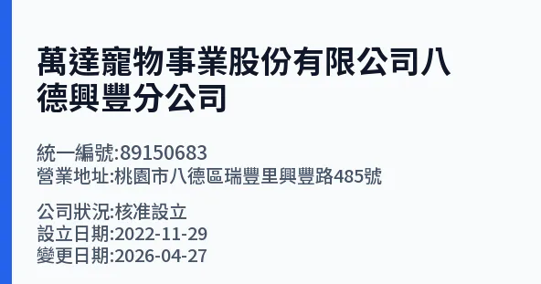 萬達寵物事業股份有限公司八德興豐分公司的照片-統編 89150683(桃園市) 公司登記資料與營業項目詳細圖表