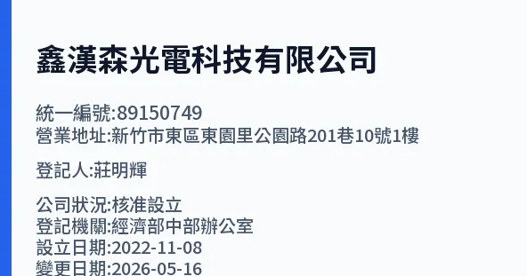 鑫漢森光電科技有限公司的照片-統編 89150749(新竹市) 公司登記資料與營業項目詳細圖表