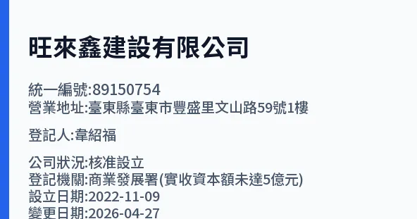 旺來鑫建設有限公司的照片-統編 89150754(臺東縣) 公司登記資料與營業項目詳細圖表