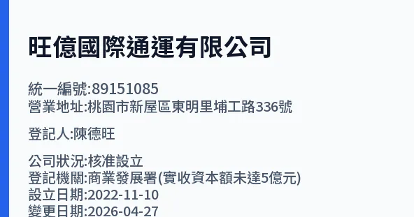 旺億國際通運有限公司的照片-統編 89151085(桃園市) 公司登記資料與營業項目詳細圖表