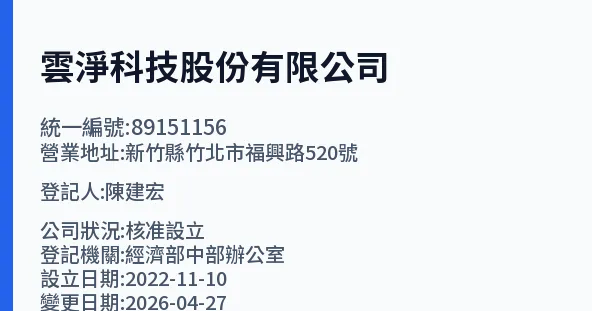 雲淨科技股份有限公司的照片-統編 89151156(新竹縣) 公司登記資料與營業項目詳細圖表
