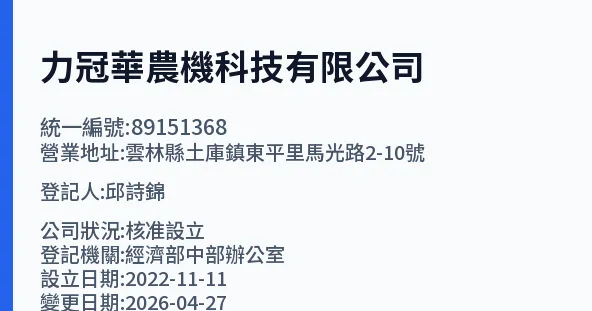 力冠華農機科技有限公司的照片-統編 89151368(雲林縣) 公司登記資料與營業項目詳細圖表