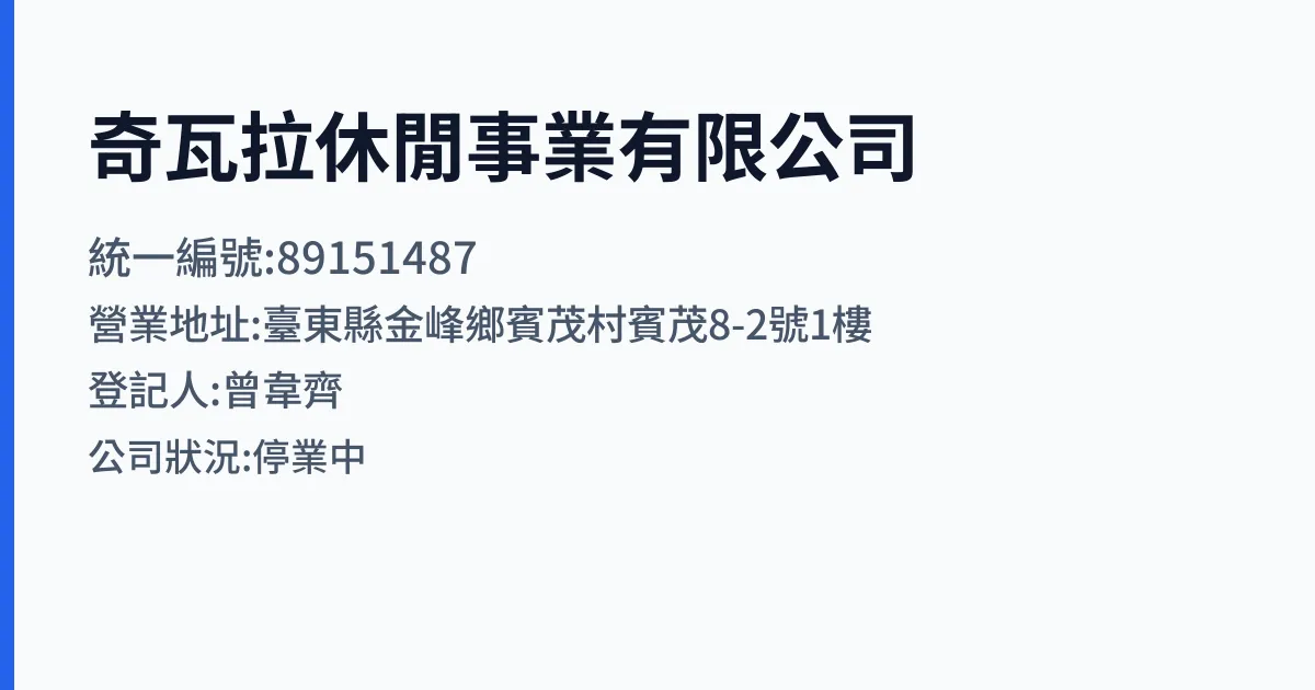 奇瓦拉休閒事業有限公司 - 統編 89151487（臺東縣） 公司登記資料與營業項目詳細圖表