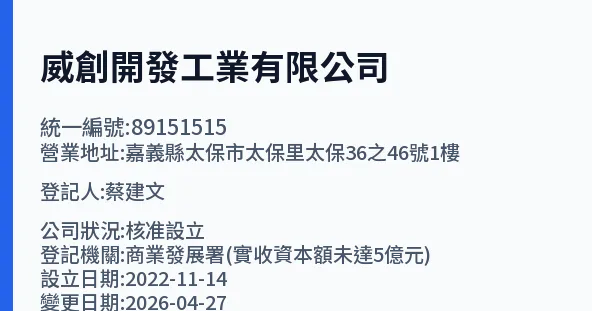 威創開發工業有限公司的照片-統編 89151515(嘉義縣) 公司登記資料與營業項目詳細圖表