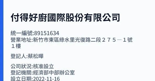 付得好廚國際股份有限公司的照片-統編 89151634(新竹市) 公司登記資料與營業項目詳細圖表