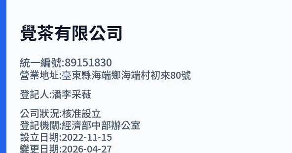 覺茶有限公司的照片-統編 89151830(臺東縣) 公司登記資料與營業項目詳細圖表