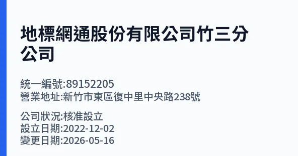 地標網通股份有限公司竹三分公司的照片-統編 89152205(新竹市) 公司登記資料與營業項目詳細圖表