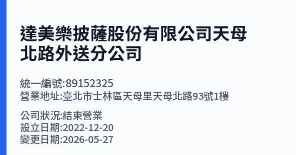 達美樂披薩股份有限公司天母北路外送分公司的照片-統編 89152325(臺北市) 公司登記資料與營業項目詳細圖表