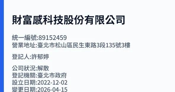 財富感科技股份有限公司的照片-統編 89152459(臺北市) 公司登記資料與營業項目詳細圖表