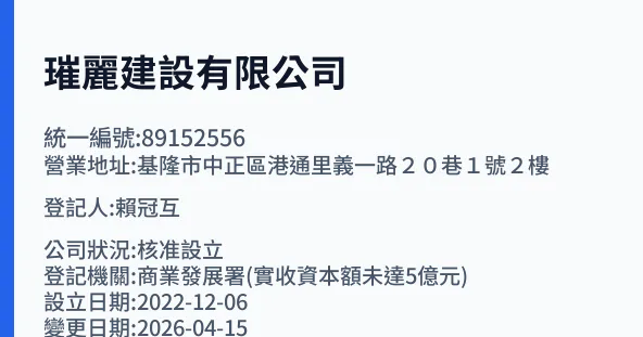 璀麗建設有限公司的照片-統編 89152556(基隆市) 公司登記資料與營業項目詳細圖表