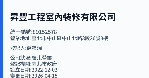 昇豐工程室內裝修有限公司的照片-統編 89152578(臺北市) 公司登記資料與營業項目詳細圖表