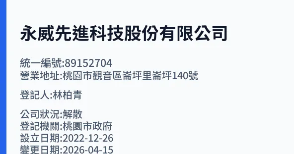 永威先進科技股份有限公司的照片-統編 89152704(桃園市) 公司登記資料與營業項目詳細圖表