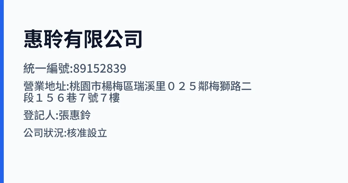 惠聆有限公司 - 統編 89152839(桃園市) 公司登記資料與營業項目詳細圖表