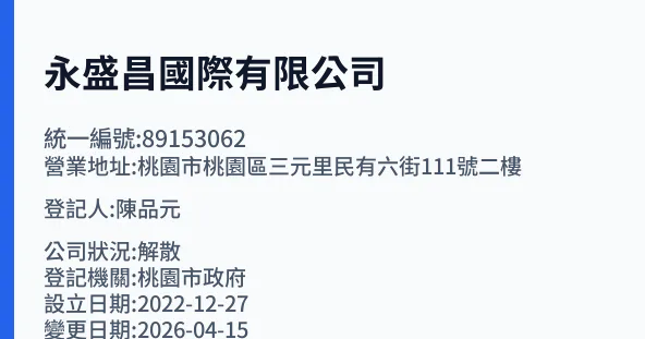 永盛昌國際有限公司的照片-統編 89153062(桃園市) 公司登記資料與營業項目詳細圖表