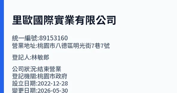 里歐國際實業有限公司的照片-統編 89153160(桃園市) 公司登記資料與營業項目詳細圖表