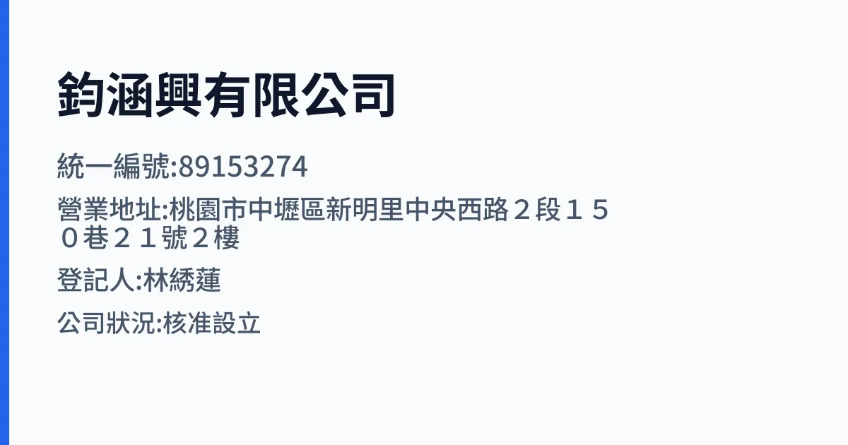鈞涵興有限公司 - 統編 89153274(桃園市) 公司登記資料與營業項目詳細圖表