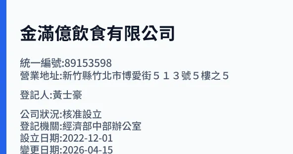 金滿億飲食有限公司的照片-統編 89153598(新竹縣) 公司登記資料與營業項目詳細圖表