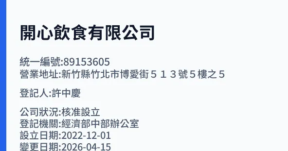 開心飲食有限公司的照片-統編 89153605(新竹縣) 公司登記資料與營業項目詳細圖表