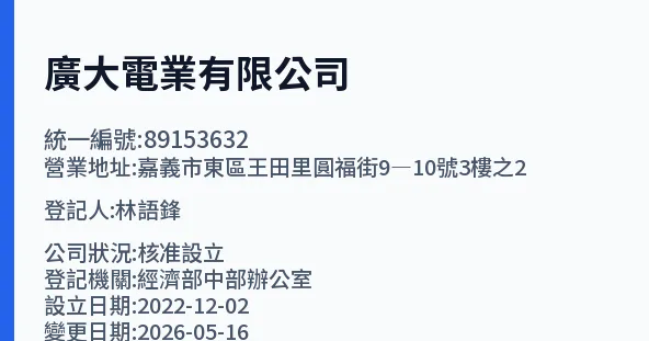 廣大電業有限公司的照片-統編 89153632(嘉義市) 公司登記資料與營業項目詳細圖表