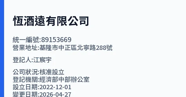 恆酒遠有限公司的照片-統編 89153669(基隆市) 公司登記資料與營業項目詳細圖表