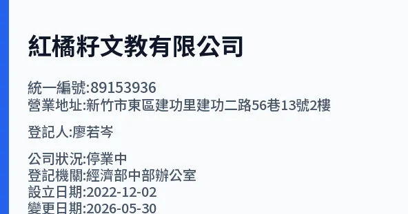 紅橘籽文教有限公司的照片-統編 89153936(新竹市) 公司登記資料與營業項目詳細圖表