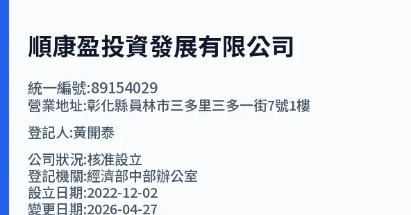 順康盈投資發展有限公司的照片-統編 89154029(彰化縣) 公司登記資料與營業項目詳細圖表