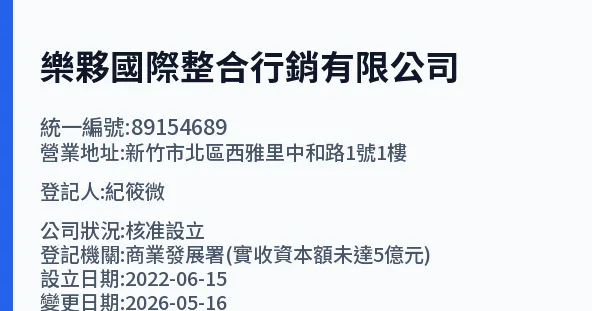 樂夥國際整合行銷有限公司的照片-統編 89154689(新竹市) 公司登記資料與營業項目詳細圖表