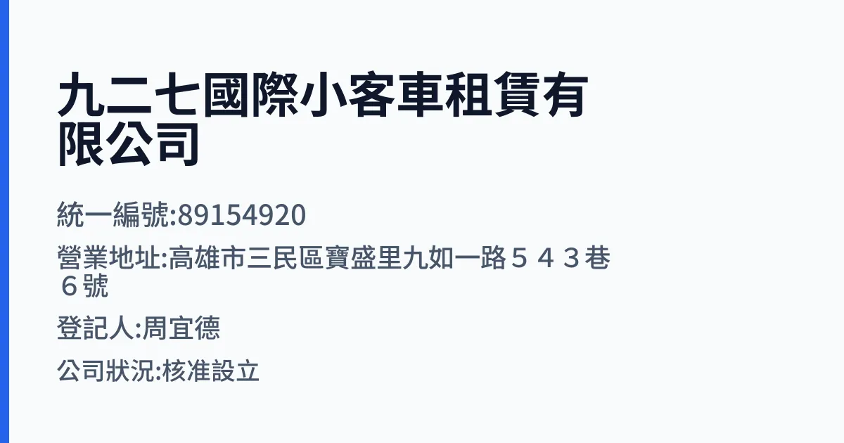 九二七國際小客車租賃有限公司 - 統編 89154920（臺北市） 公司登記資料與營業項目詳細圖表