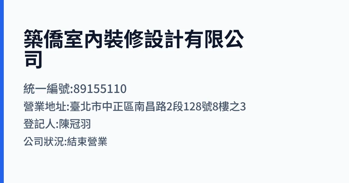 築僑室內裝修設計有限公司 - 統編 89155110(臺北市) 公司登記資料與營業項目詳細圖表