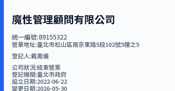 魔性管理顧問有限公司的照片-統編 89155322(臺北市) 公司登記資料與營業項目詳細圖表