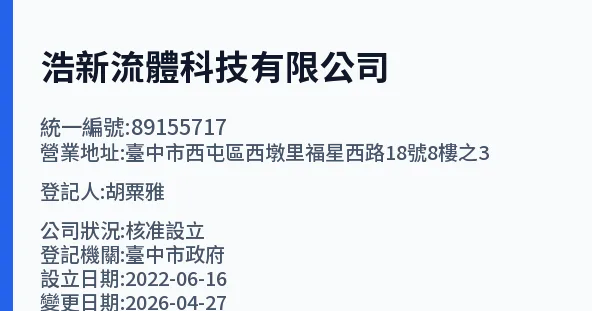 浩新流體科技有限公司的照片-統編 89155717(臺中市) 公司登記資料與營業項目詳細圖表