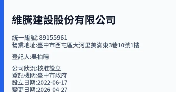 維騰建設股份有限公司的照片-統編 89155961(臺中市) 公司登記資料與營業項目詳細圖表