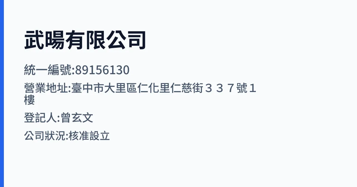 武暘有限公司 - 統編 89156130(臺中市) 公司登記資料與營業項目詳細圖表