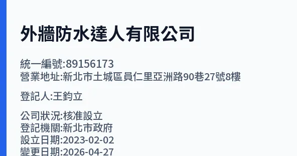 外牆防水達人有限公司的照片-統編 89156173(新北市) 公司登記資料與營業項目詳細圖表