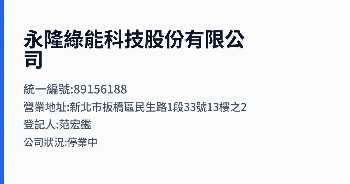 永隆綠能科技股份有限公司 - 統編 89156188(新北市) 公司登記資料與營業項目詳細圖表