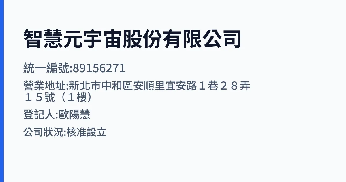 智慧元宇宙股份有限公司 - 統編 89156271(新北市) 公司登記資料與營業項目詳細圖表