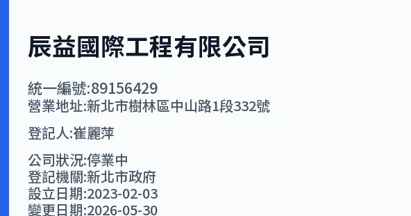 辰益國際工程有限公司的照片-統編 89156429(新北市) 公司登記資料與營業項目詳細圖表