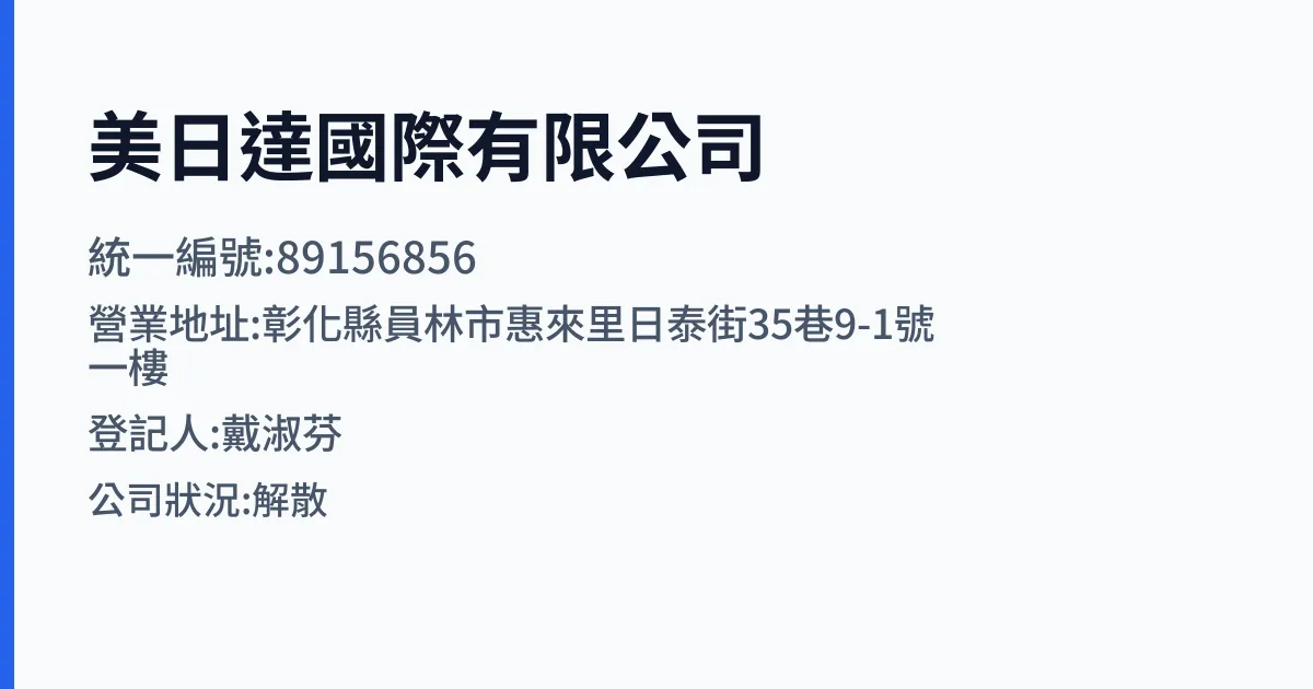 美日達國際有限公司 - 統編 89156856(彰化縣) 公司登記資料與營業項目詳細圖表