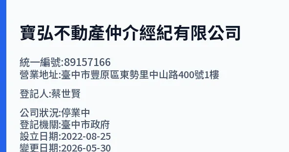 寶弘不動產仲介經紀有限公司的照片-統編 89157166(臺中市) 公司登記資料與營業項目詳細圖表
