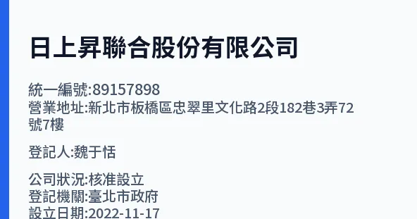 日上昇聯合股份有限公司的照片-統編 89157898(新北市) 公司登記資料與營業項目詳細圖表