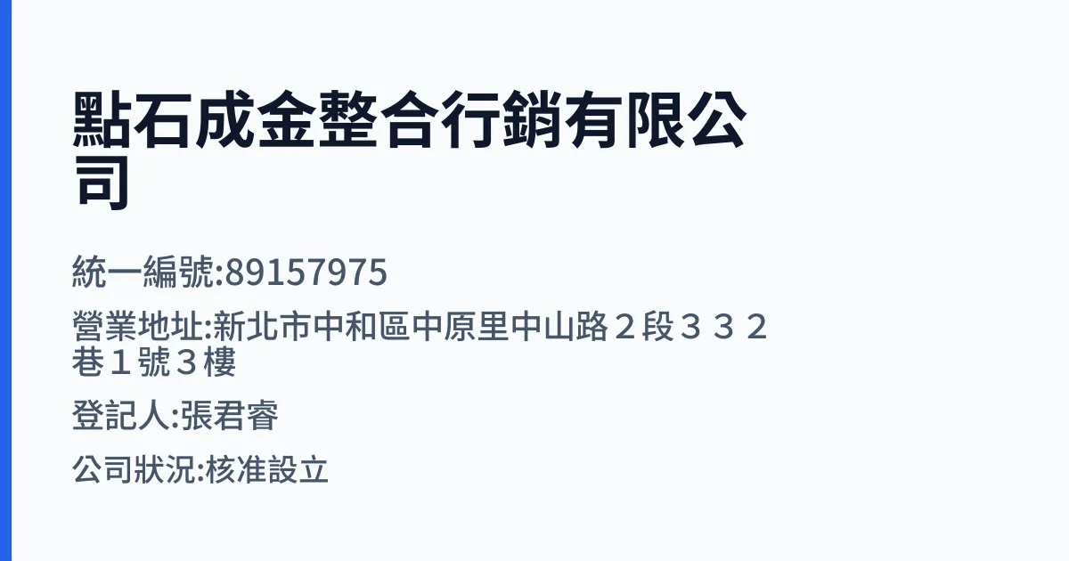 點石成金整合行銷有限公司 - 統編 89157975(新北市) 公司登記資料與營業項目詳細圖表