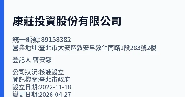 康莊投資股份有限公司的照片-統編 89158382(臺北市) 公司登記資料與營業項目詳細圖表