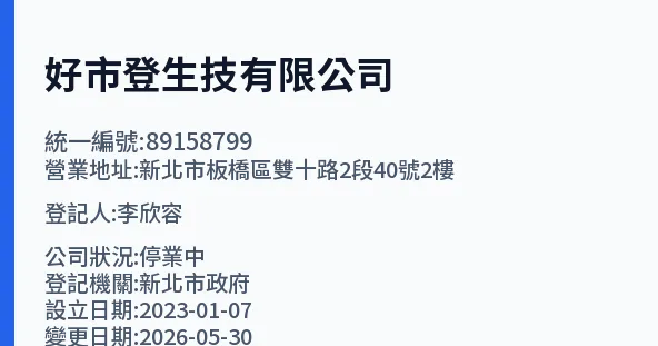 好市登生技有限公司的照片-統編 89158799(新北市) 公司登記資料與營業項目詳細圖表