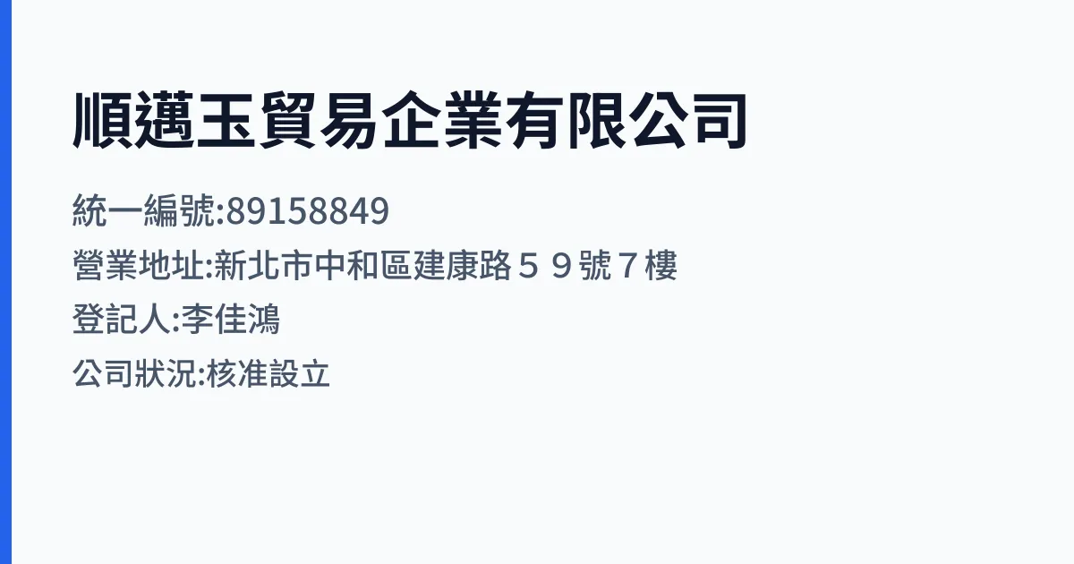 順邁玉貿易企業有限公司 - 統編 89158849(新北市) 公司登記資料與營業項目詳細圖表