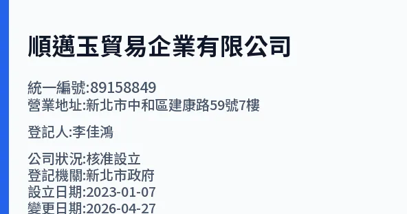順邁玉貿易企業有限公司的照片-統編 89158849(新北市) 公司登記資料與營業項目詳細圖表