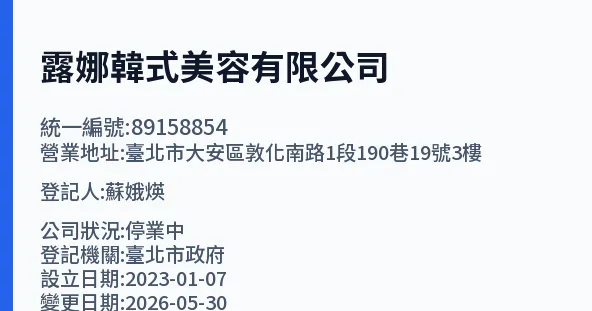 露娜韓式美容有限公司的照片-統編 89158854(臺北市) 公司登記資料與營業項目詳細圖表
