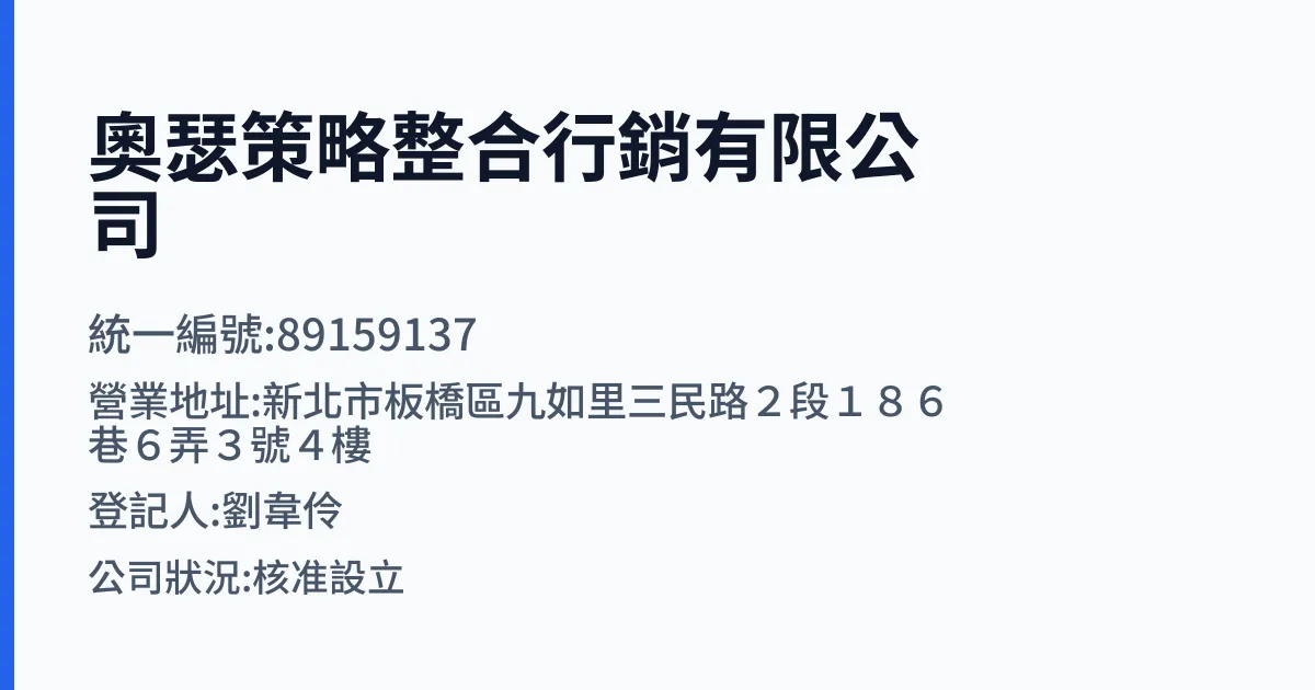 奧瑟策略整合行銷有限公司 - 統編 89159137(新北市) 公司登記資料與營業項目詳細圖表